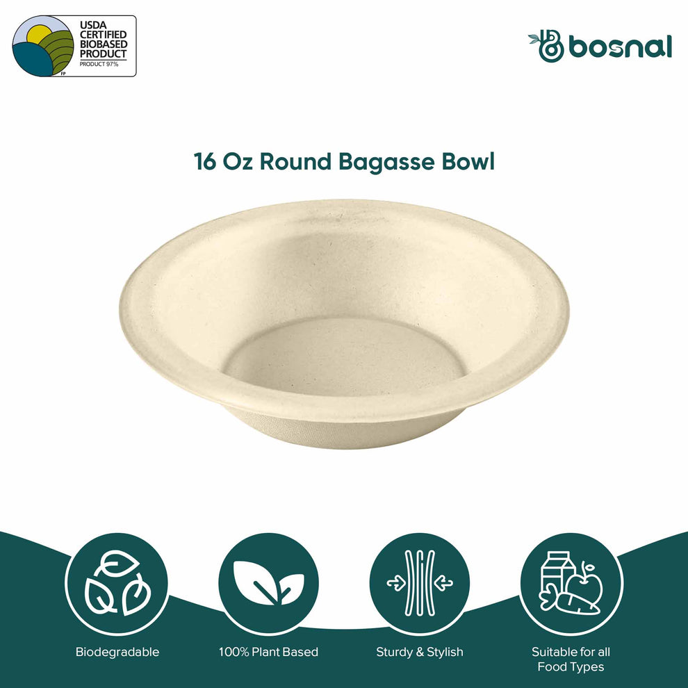 Bosnal - Sugarcane Bagasse Compostable 16 Oz Round Bowls - Case of 20